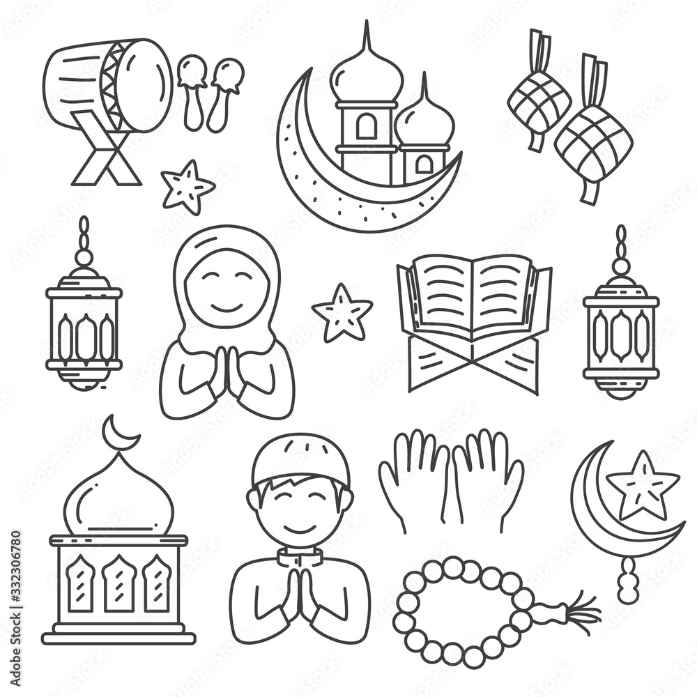 Set of islamic doodle vector illustration in cute hand drawn style ...