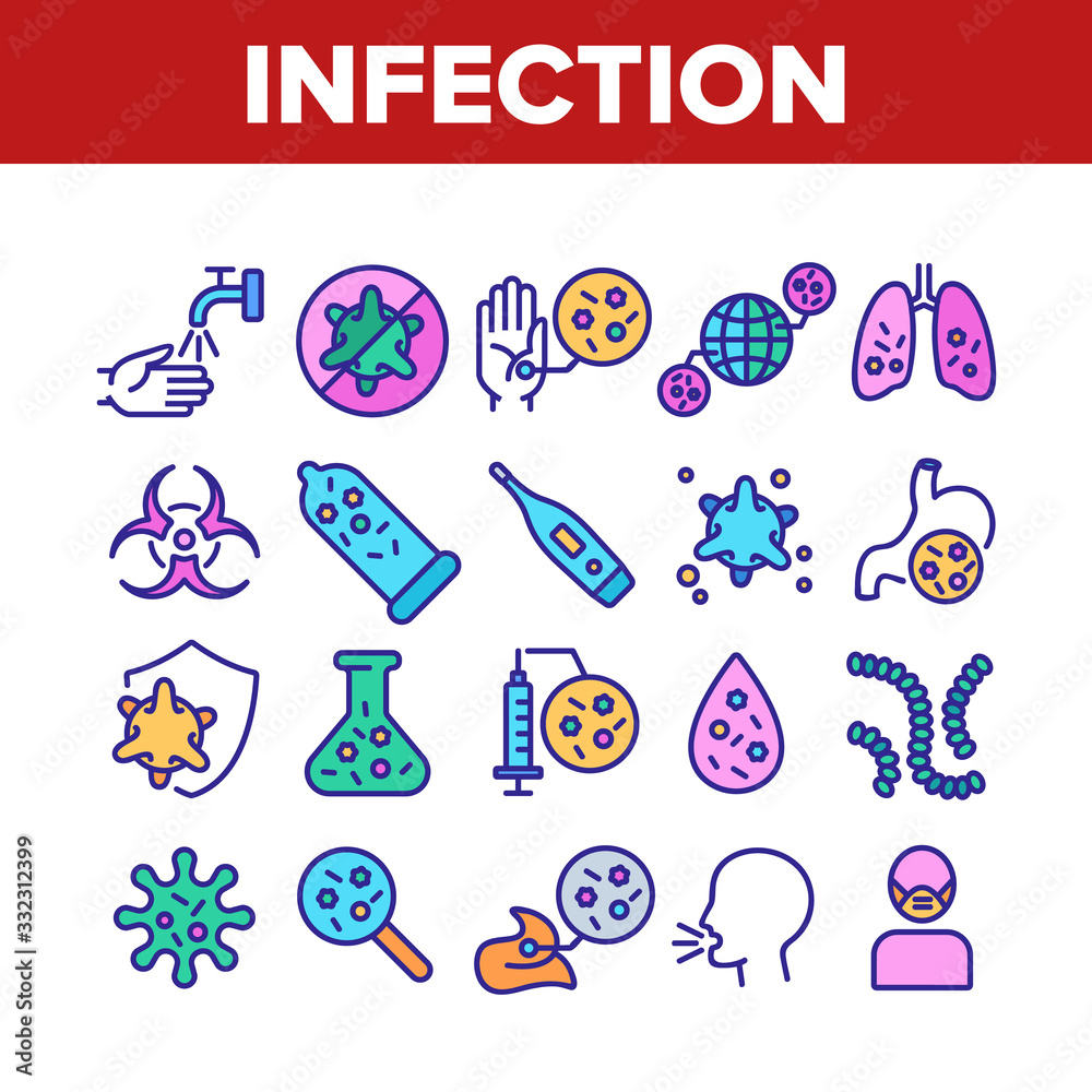Infection And Disease Collection Icons Set Vector. Infection In Stomach ...