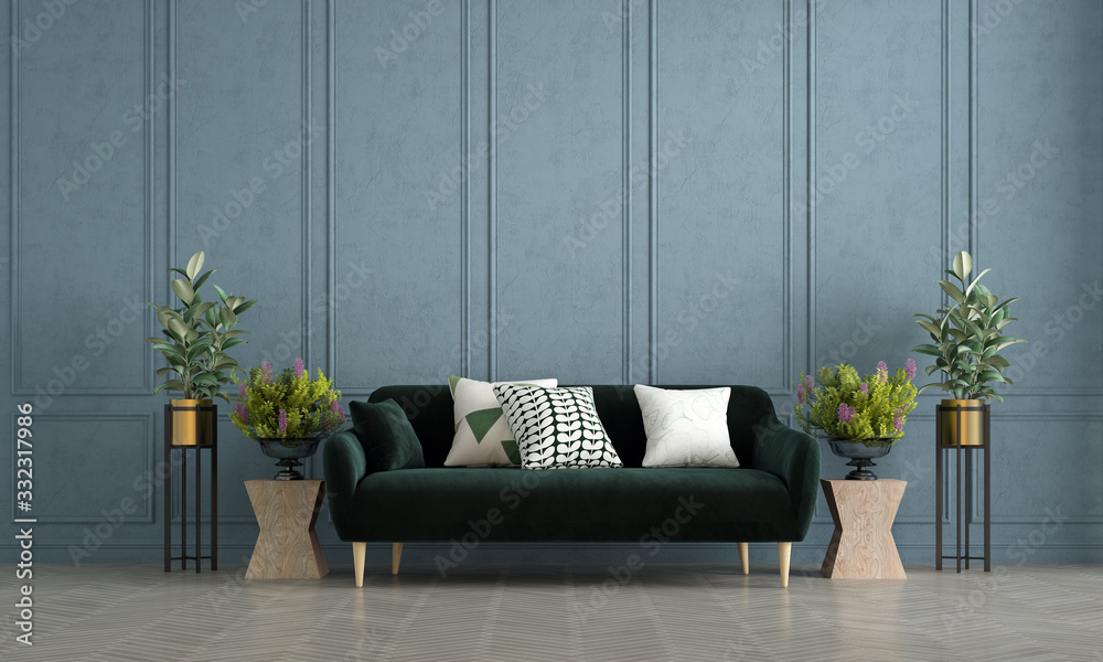 Modern interior design of luxury living room and blue concrete wall ...