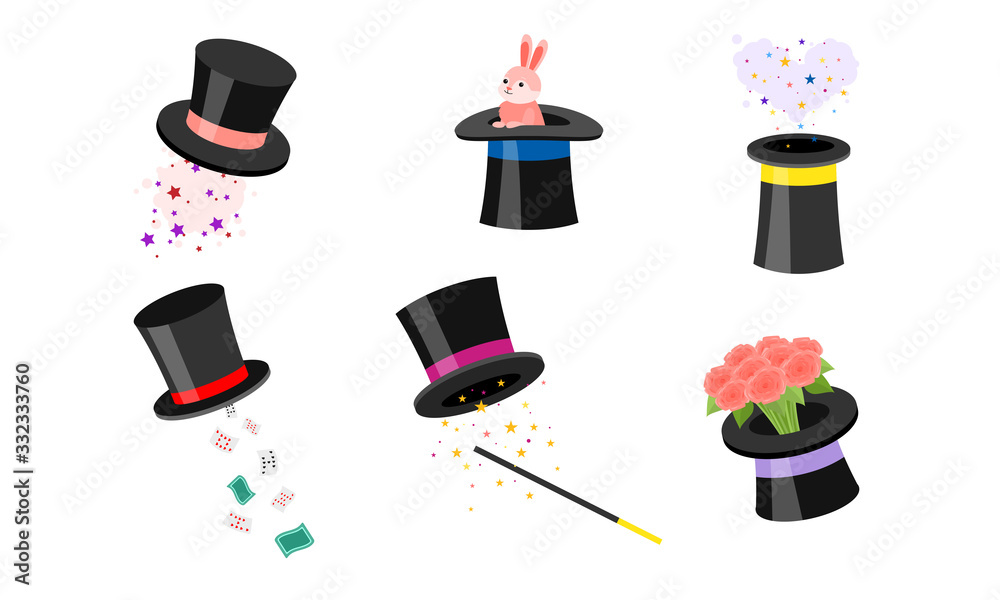 Set of the magic hat with different tricks. Vector illustration in flat ...