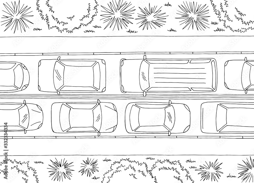 Traffic jam street road graphic black white sketch aerial view ...