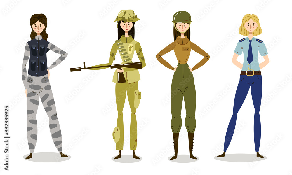 Set of young women soldiers in combat uniforms. Vector illustration in ...