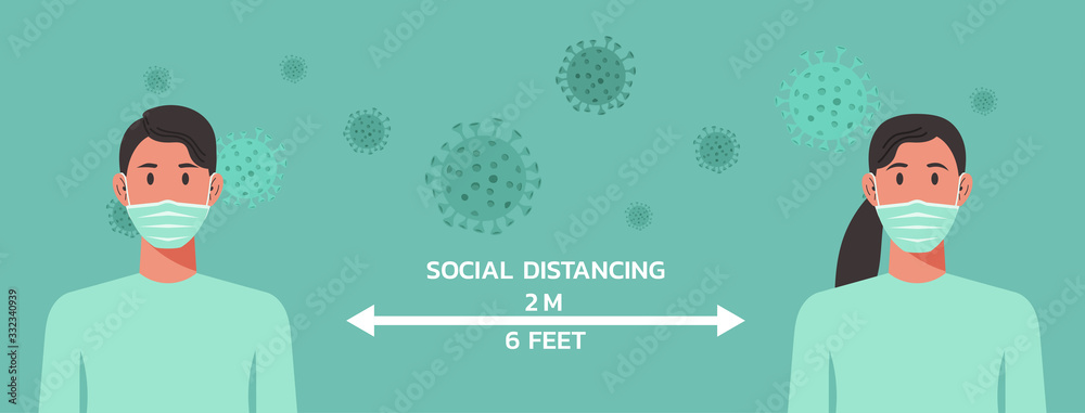 woman and man character with surgical or medical face mask maintain ...