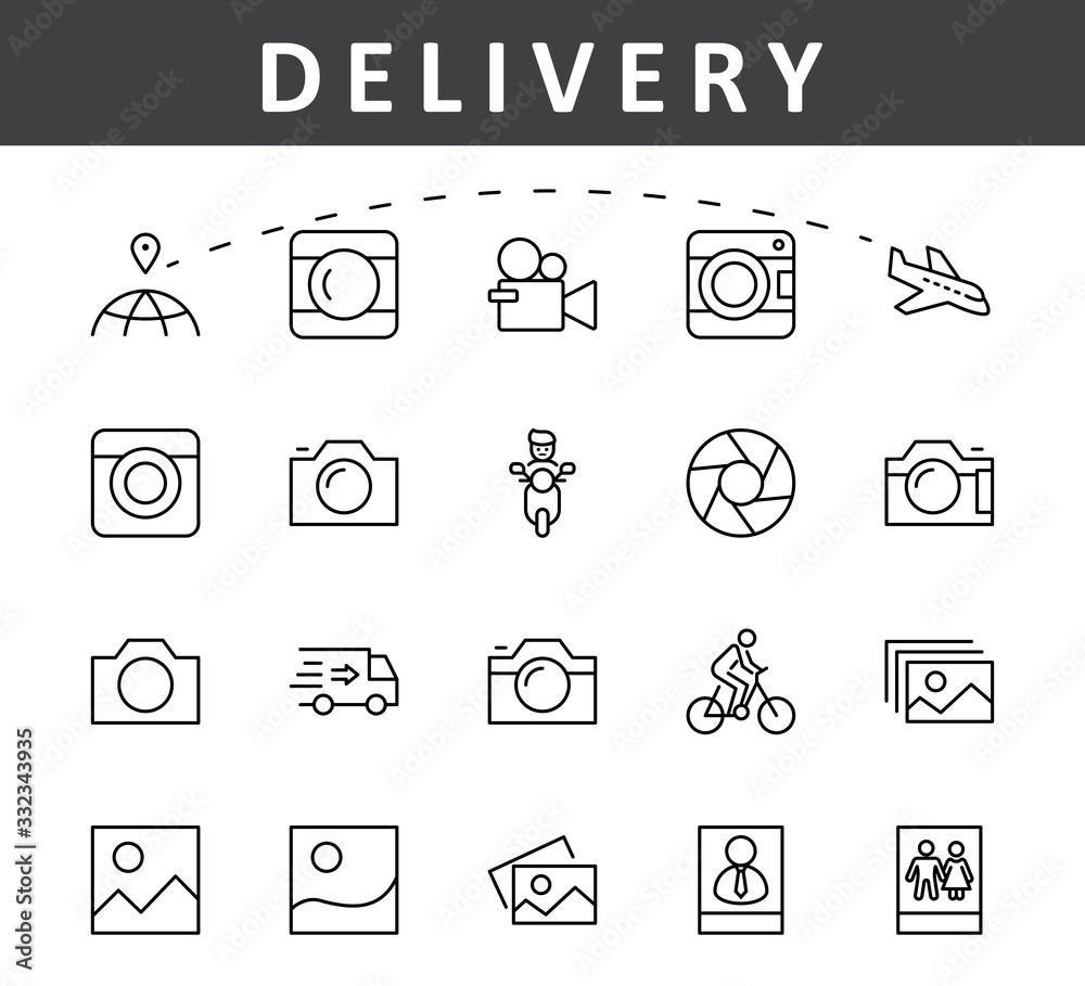 Set of Cameras and photo, vector line icons. Contains symbols of ...