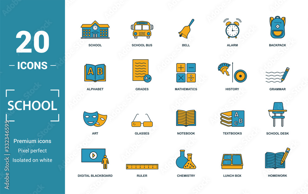 School icon set. Include creative elements school, bell, alphabet ...