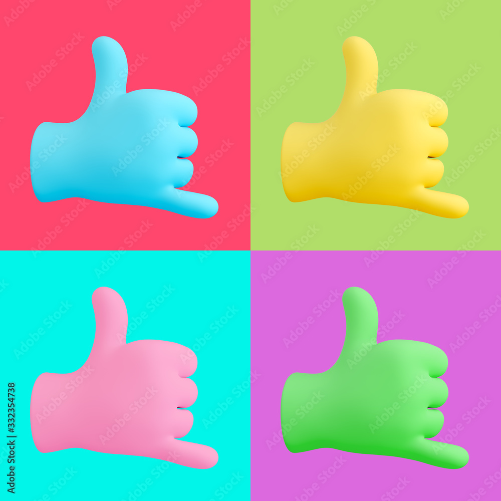 Colorful set of call me hand signs isolated on different bright ...