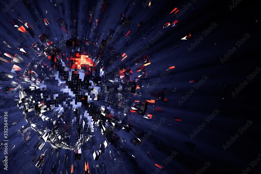 The explosion of the globe of the planet with red blue on the ...