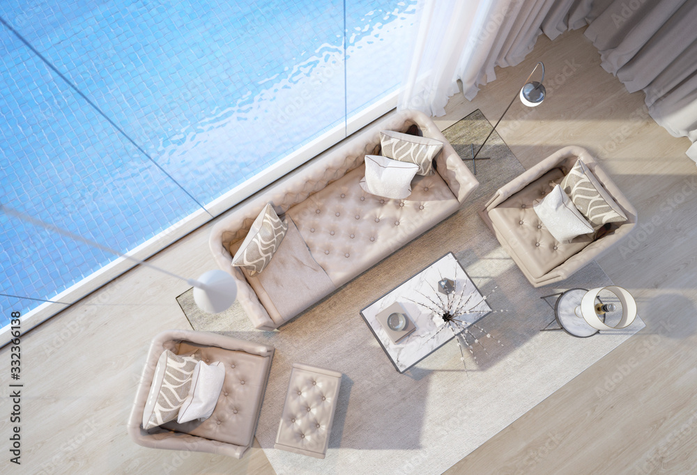 Top view of luxury house interior.Sofa,armchair,stool,side table,lamps ...