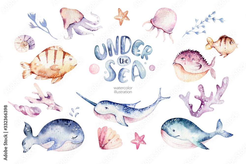 Set of sea animals. Blue watercolor ocean fish, turtle, whale and coral ...