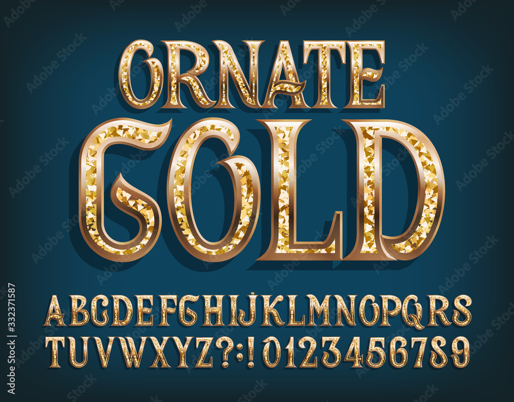 Ornate Gold alphabet font. Fancy golden letters and numbers. Stock ...
