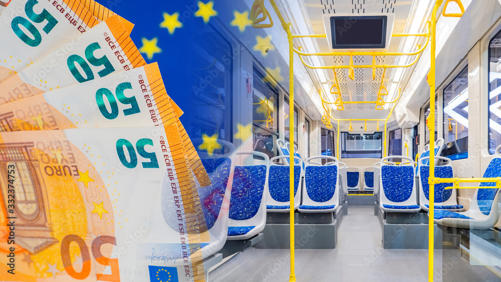 EU flag on the background of the seats in the tram. Interior of a ...