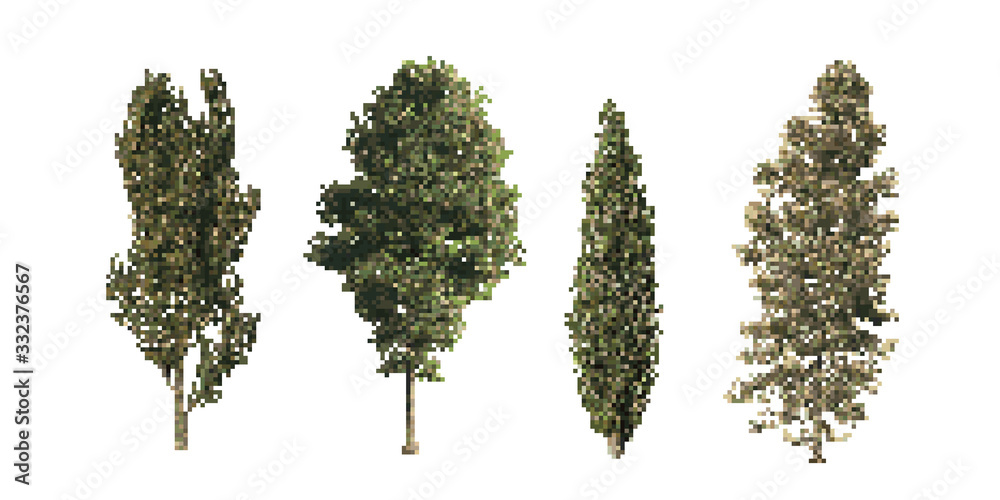 Pixelated Diferent trees set. Pixel Art Vector illustration. Isolated ...
