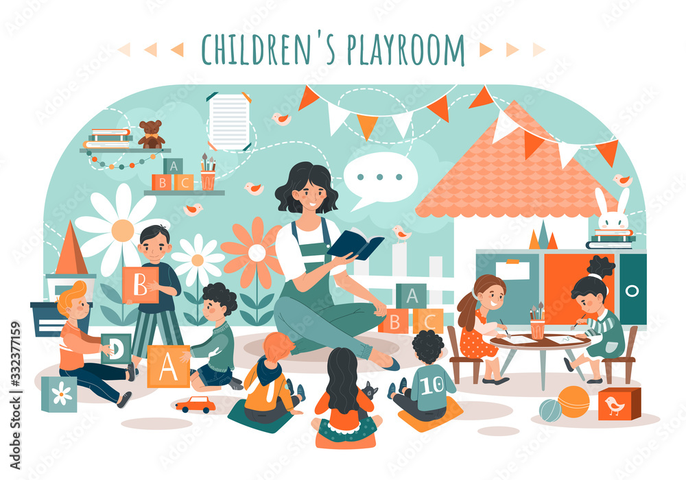 Children playroom, kids with teacher in kindergarten, vector ...