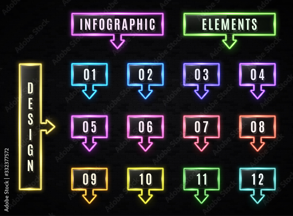 Neon Infographics elements on black brick background. Glowing color ...