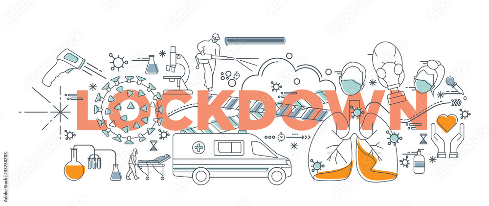 Hand drawn doodle lockdown (quarantine) concept, virus disease ...
