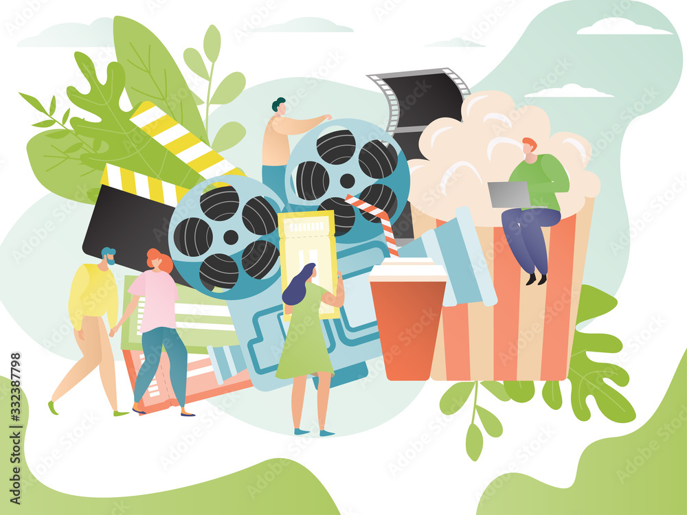 Cinema concept, tiny people cartoon characters, movie media industry ...
