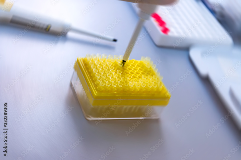 Young researcher using laboratory sampler. Scientist analyzing in a lab ...
