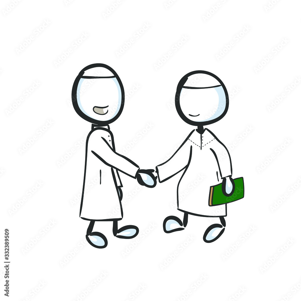 Muslim brothers giving salaam. Muslims greeting handshake. Hand drawn ...