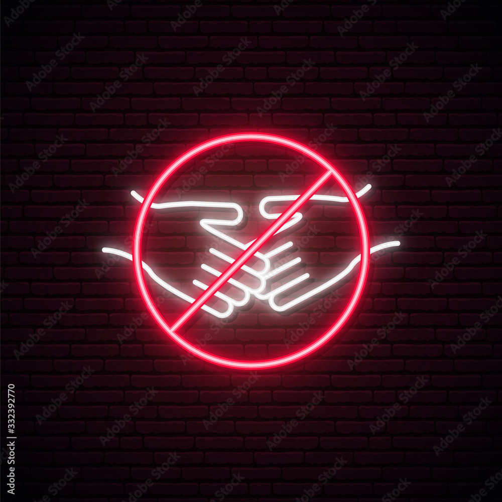 No handshake neon sign. Don't shake hands bright STOP sign. Prevention ...