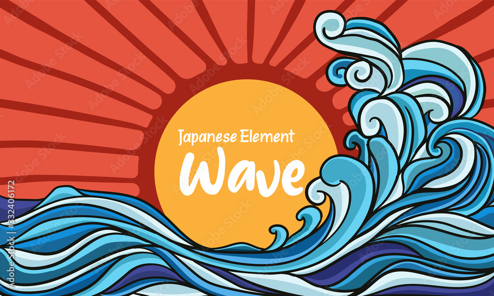 blue wave with sun background Japan style Stock Photo | Adobe Stock