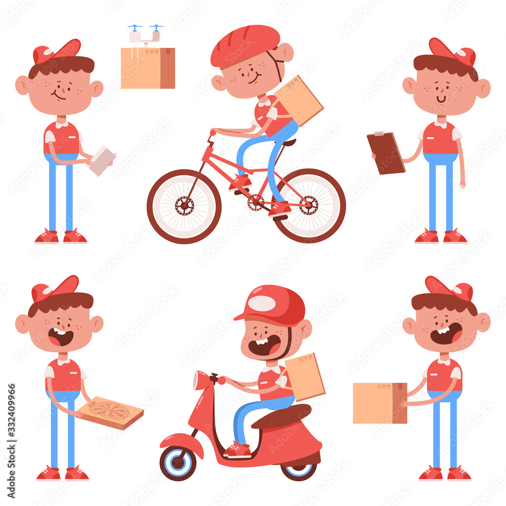 Cute delivery boy characters vector cartoon set isolated on a white ...