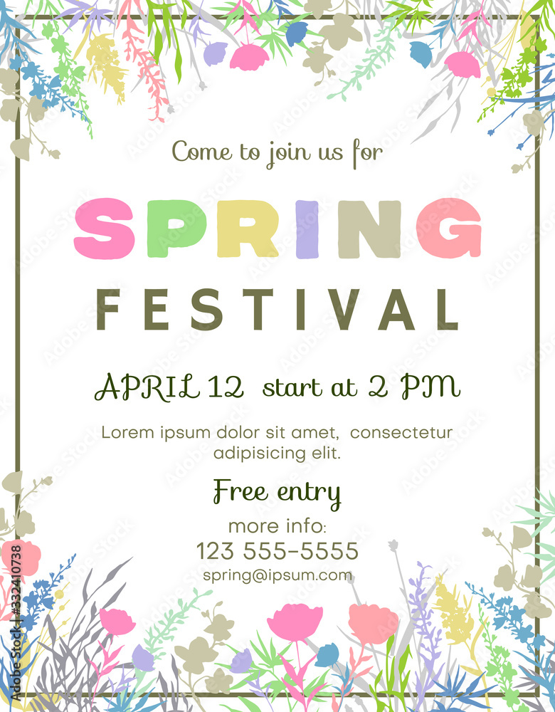 Spring festival poster template with collage from silhouettes of wild ...