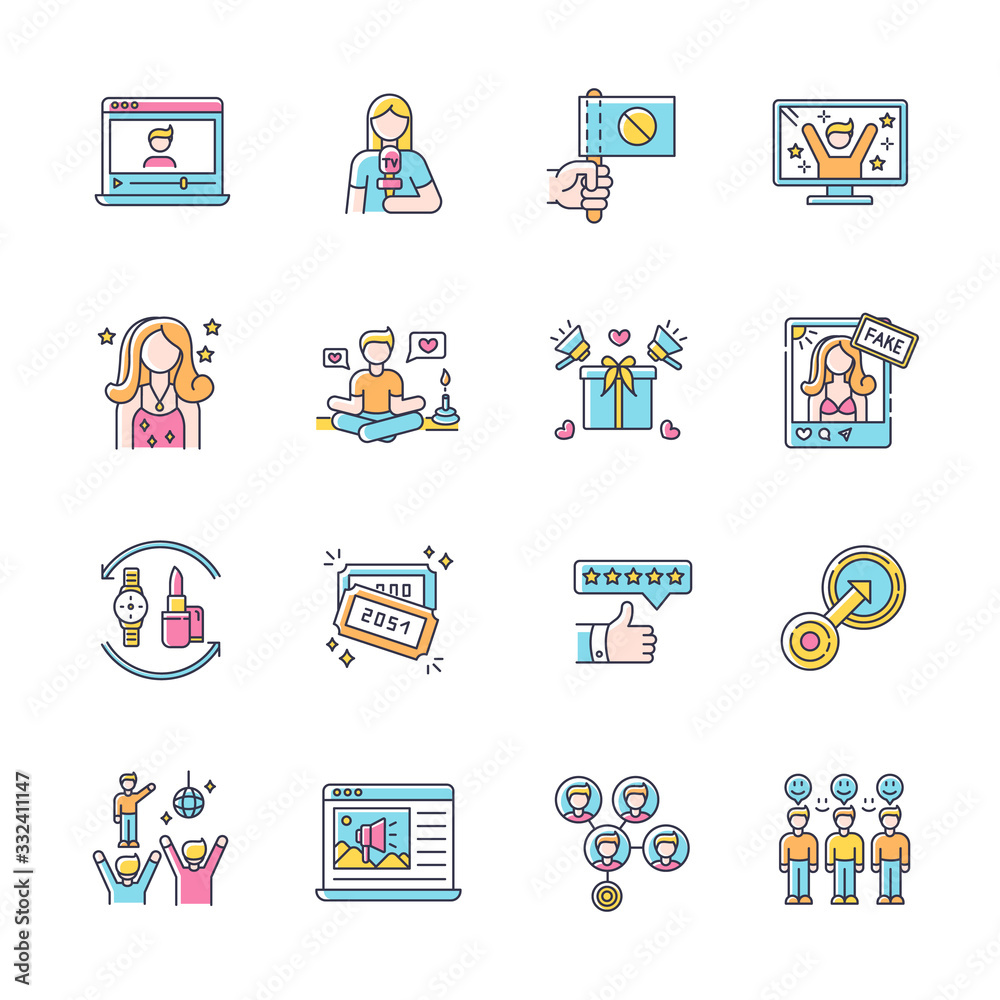 Social media promotion RGB color icons set. Barter of products. Mass ...