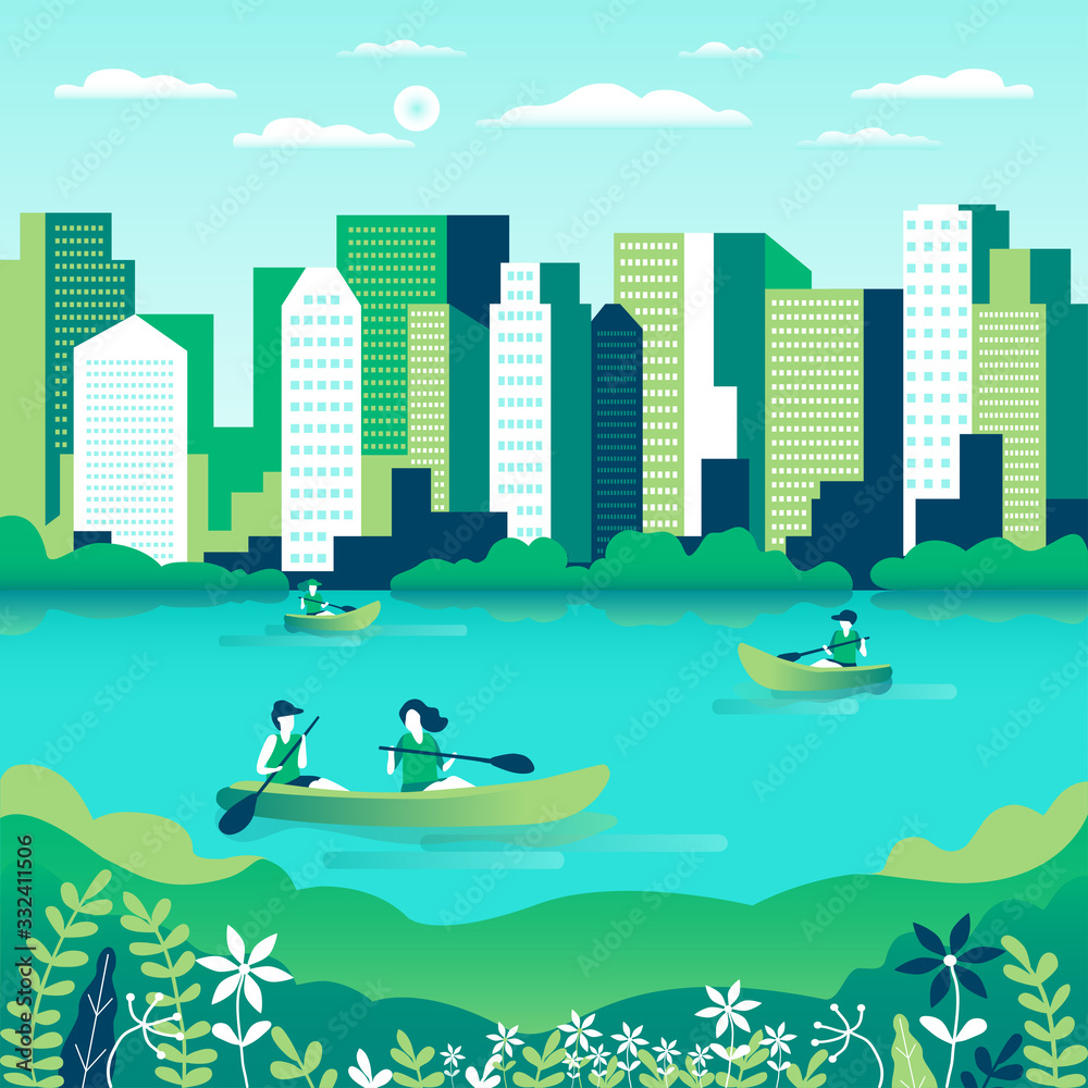 Rowing, sailing in boats as a sport or form of recreation vector flat ...