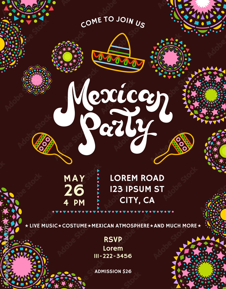 Mexican party announce poster template with festive decorative elements ...