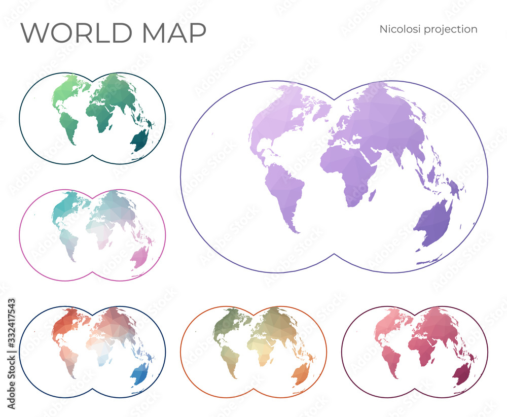 Low Poly World Map Set. Nicolosi globular projection. Collection of the ...