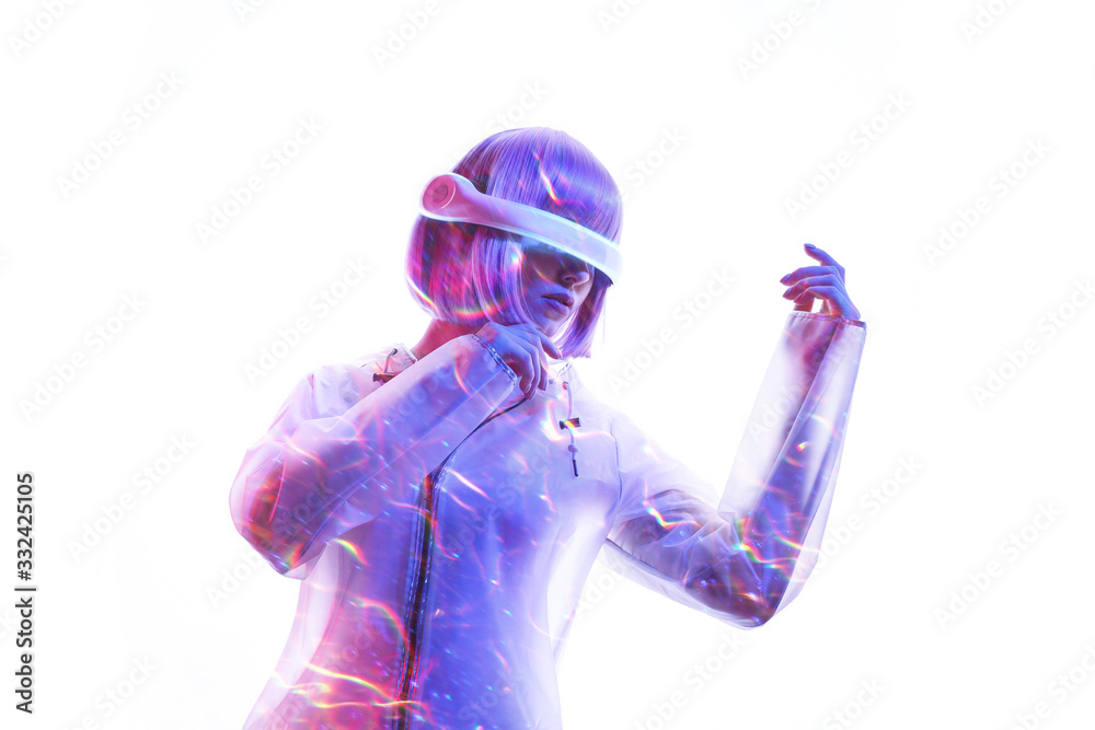 Beautiful woman with purple hair in futuristic costume over white ...