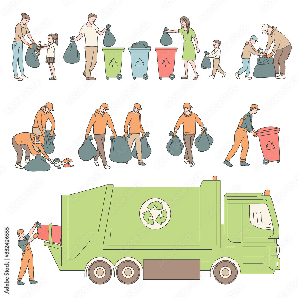 People sorting garbage and send truck for recycling. Volunteers clean ...