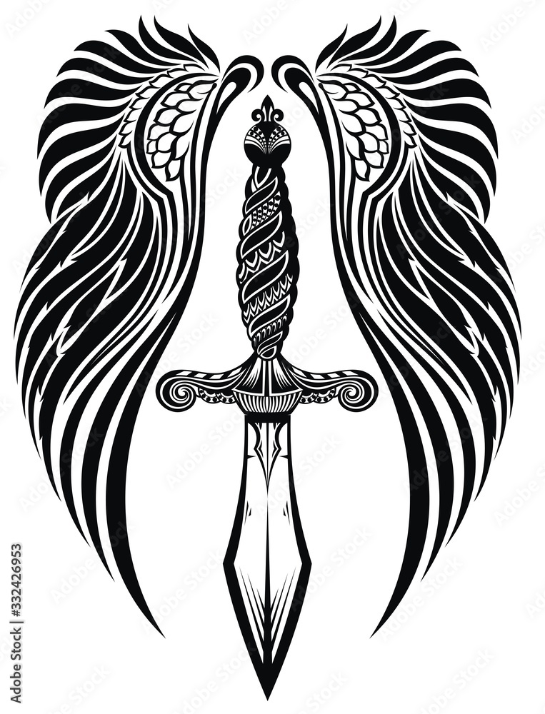 Winged Dagger Black and white illustration of a dagger with wings Stock ...