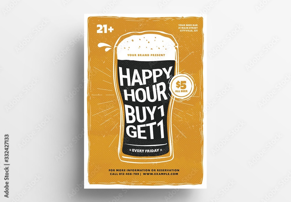 Happy Hour Advertisement Layout with Large Beer Illustration Stock ...