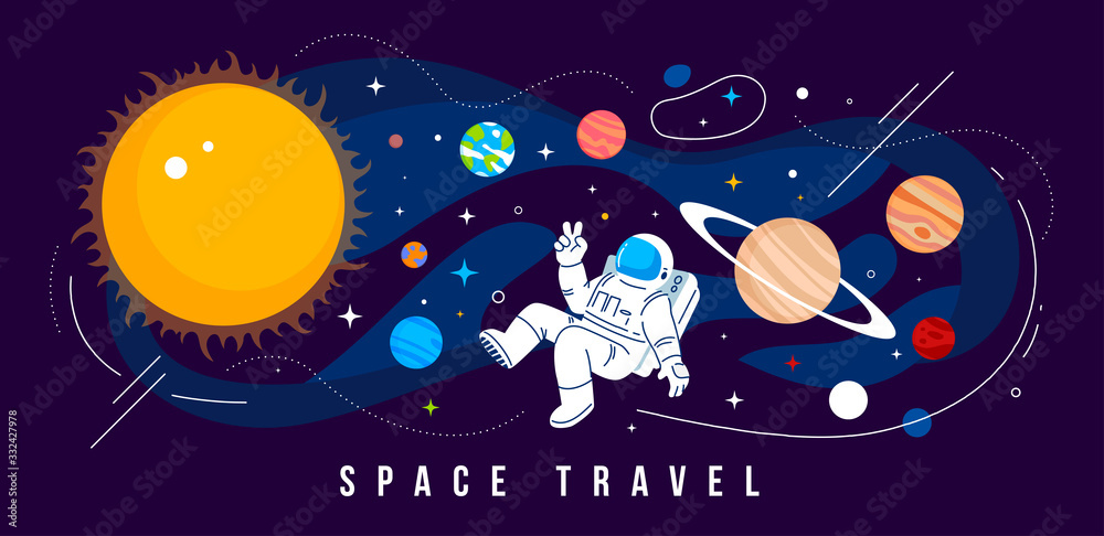 Vector creative illustration of cosmonaut in spacesuit exploring outer ...