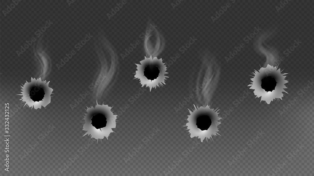 Bullet holes. Shoot gun, smoke effect or criminal illustration ...