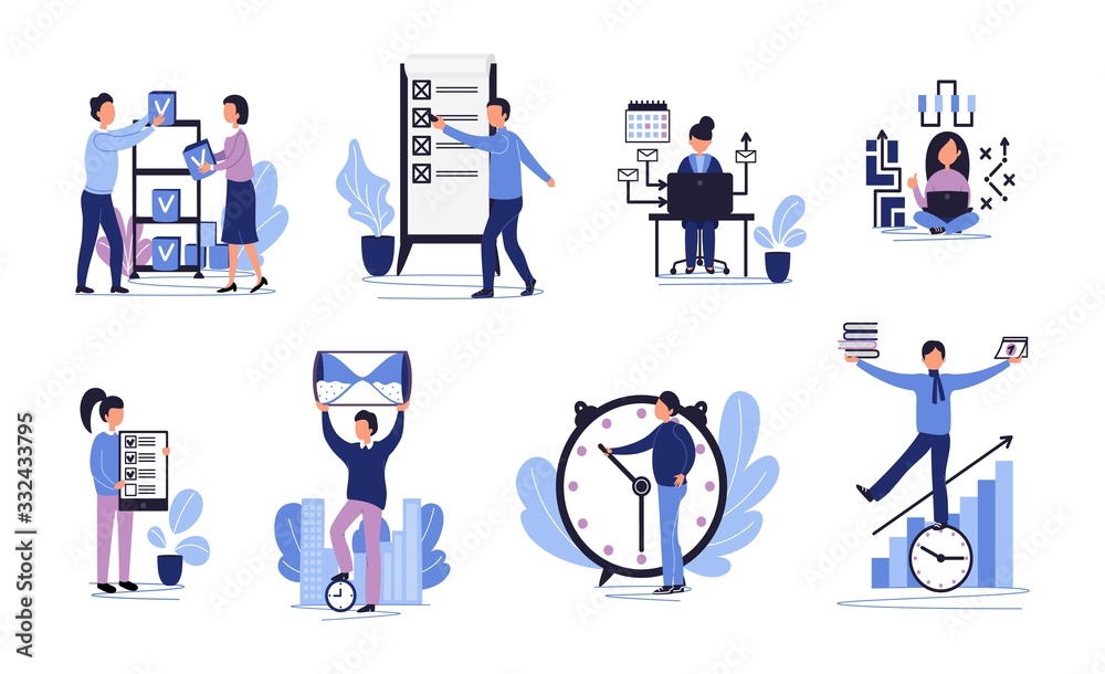 Effective Time management set with flat characters. Task and ...