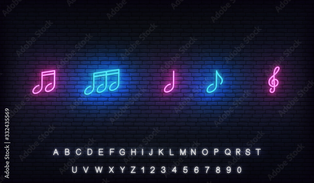 Music notes neon template. Musical notes glowing sign vector de Stock ...