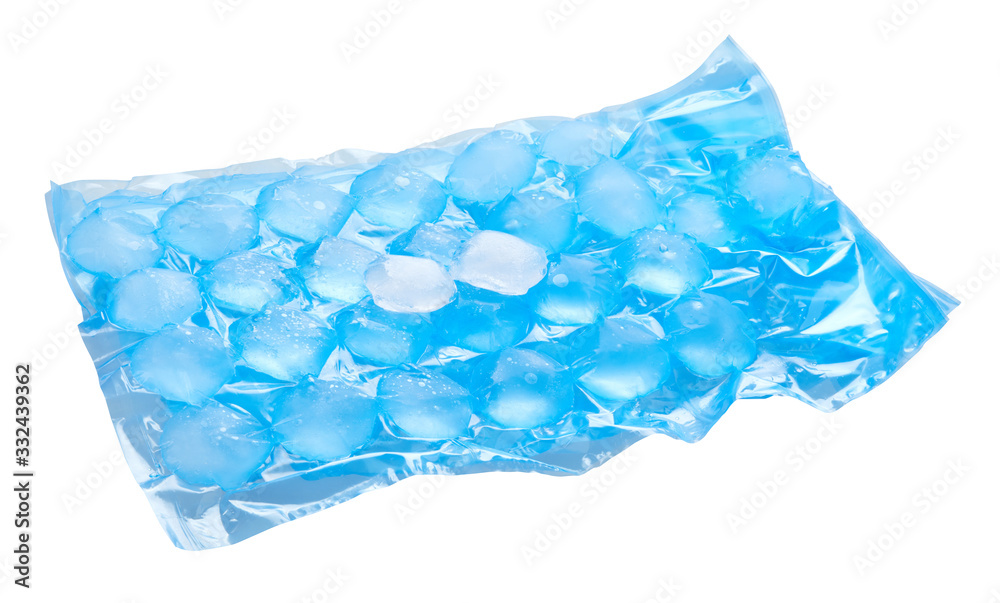 Blue plastic packaging ice bags for home water freezing. Ice cubes in ...