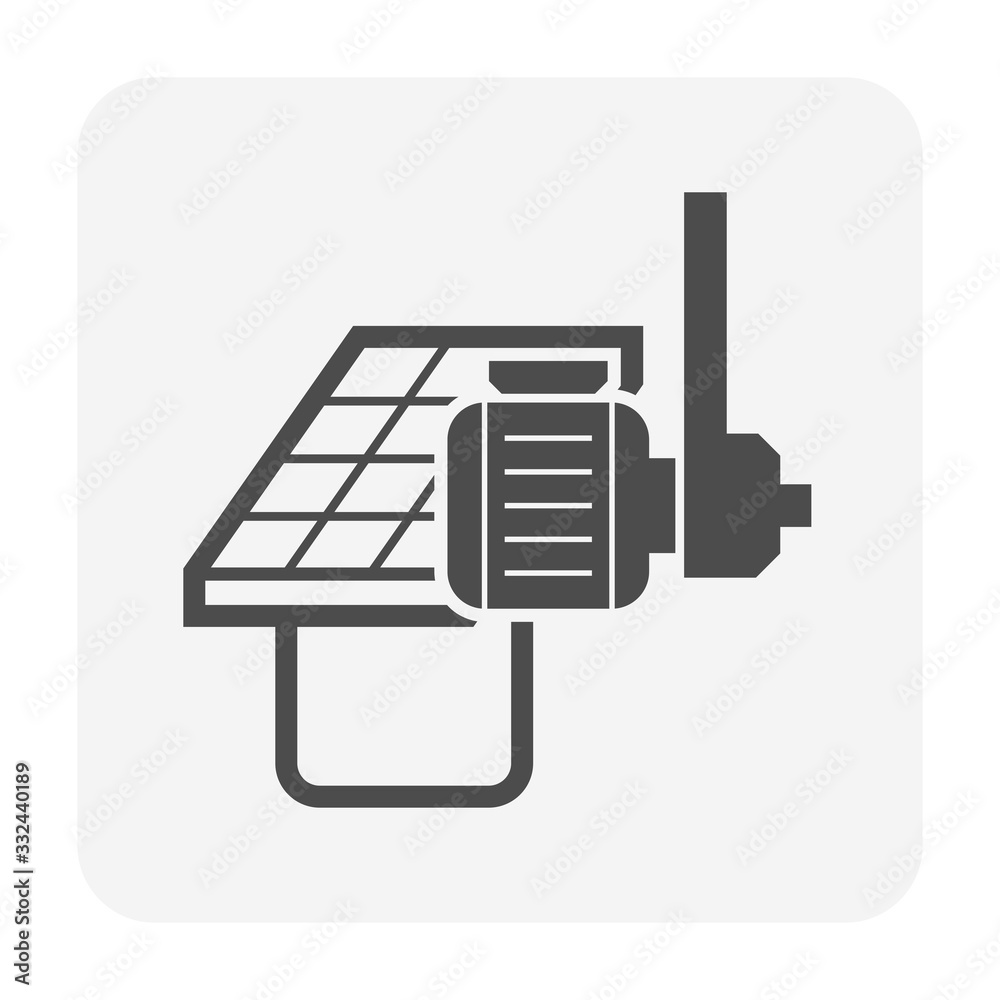 Water pump icon. Consist of centrifugal pump, pipe and solar panel ...