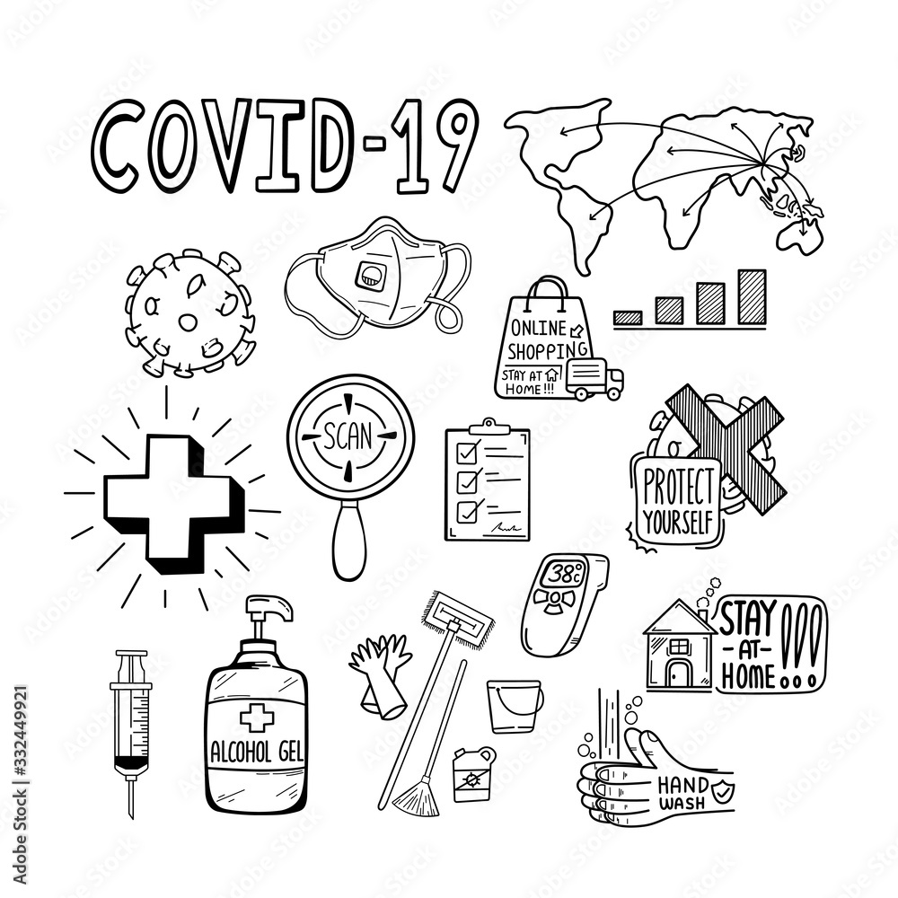 Covid 19 icons is doodle draw. Editable stroke. Vector illustation ...