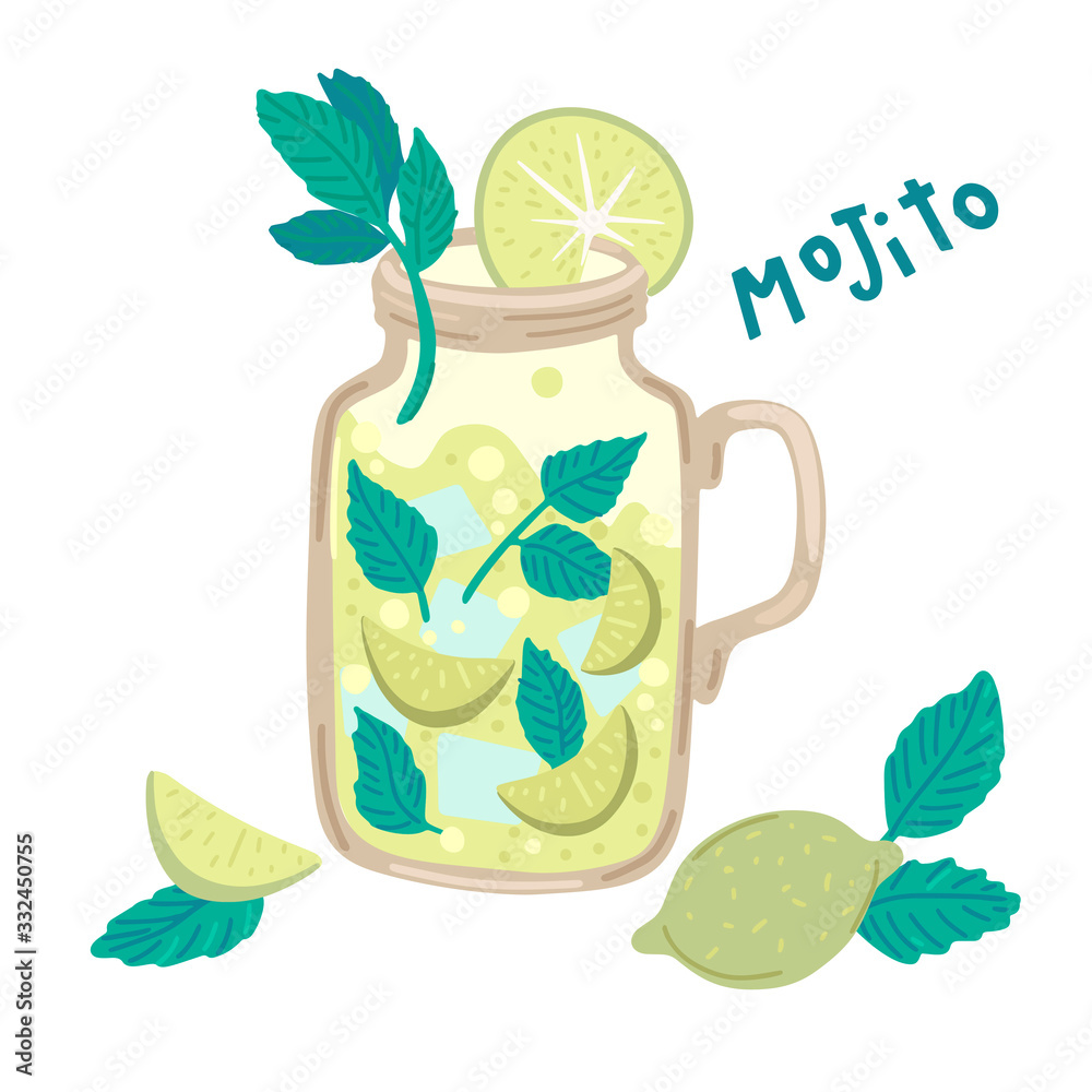 Mojito in mason jar. Summer cocktail. Vector cartoon illustration Stock ...