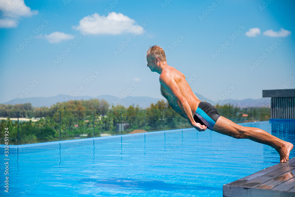 Unemotional funny man falling into swimming pool. Summer vacation Stock ...