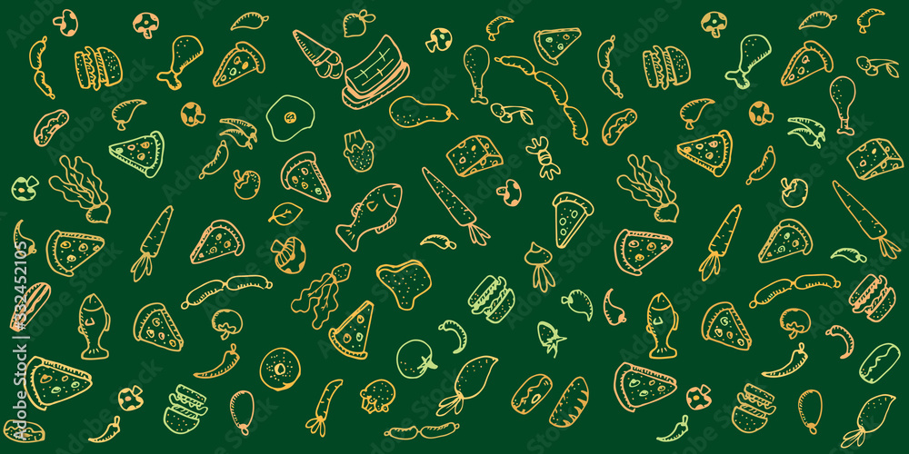 Food doodles on green background. Vector illustration for menu or food ...