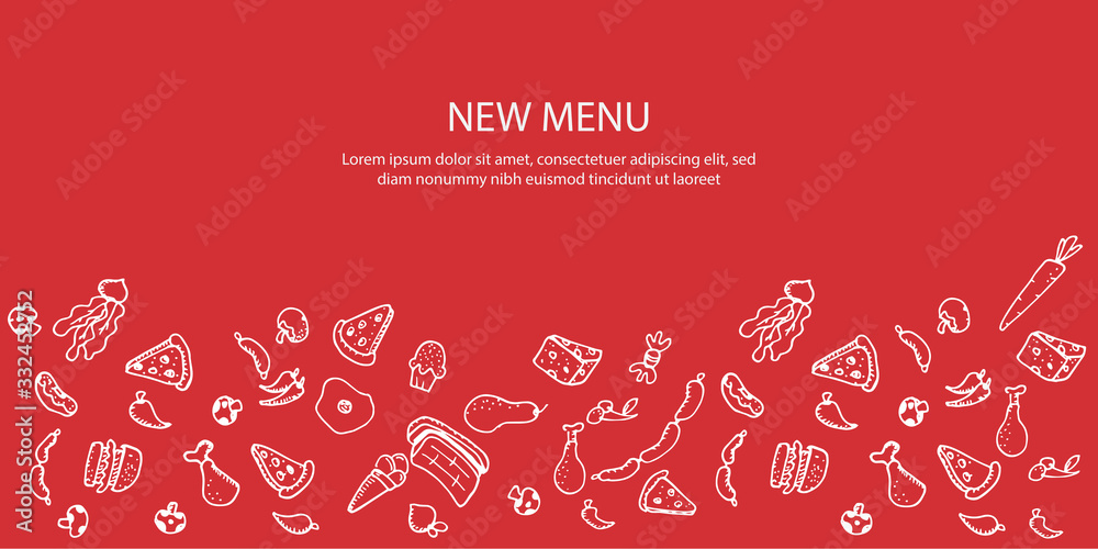 Food doodles on red background. Vector illustration for menu or food ...