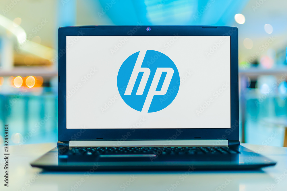 Laptop computer displaying logo of HP Stock Photo | Adobe Stock