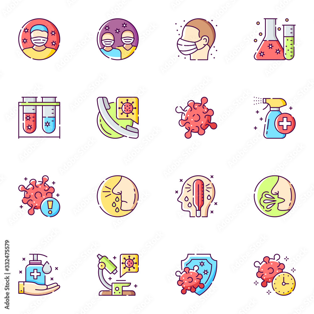 Virology diagnosis and treatment flat line icons set. Cough, fever and ...