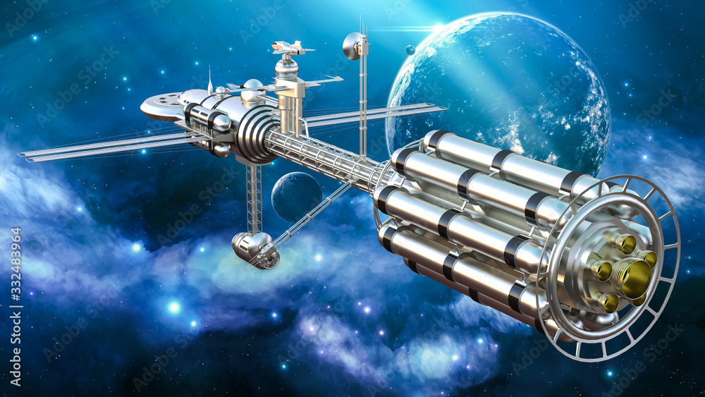 Realistic 3D illustration. Big futuristic alien spaceship traveling in ...