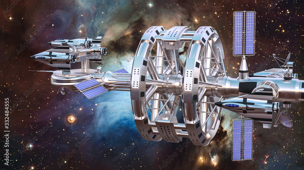 Realistic 3D illustration. Big futuristic alien spaceship traveling in ...