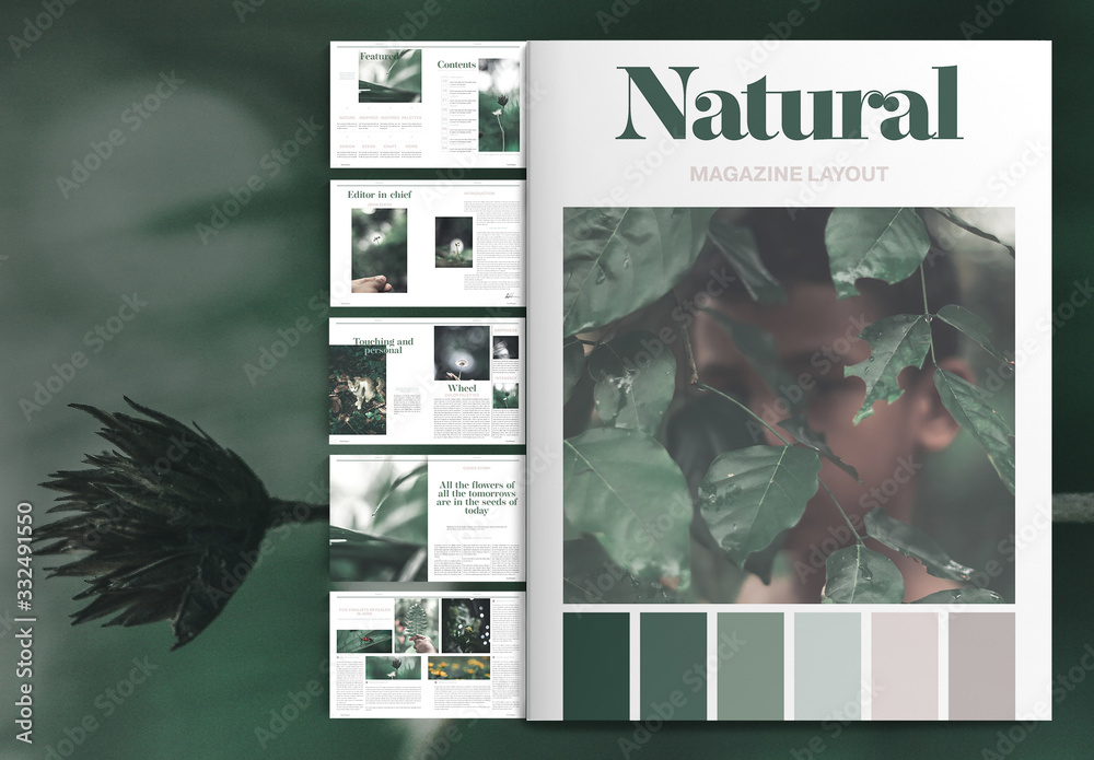 Magazine Layout with Green and Tan Accents Stock Template | Adobe Stock